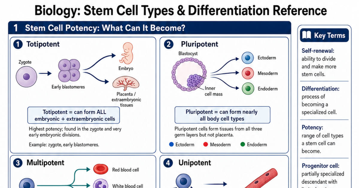 Stem Cell Types & Differentiation Reference Cheat Sheet | LivePhysics™