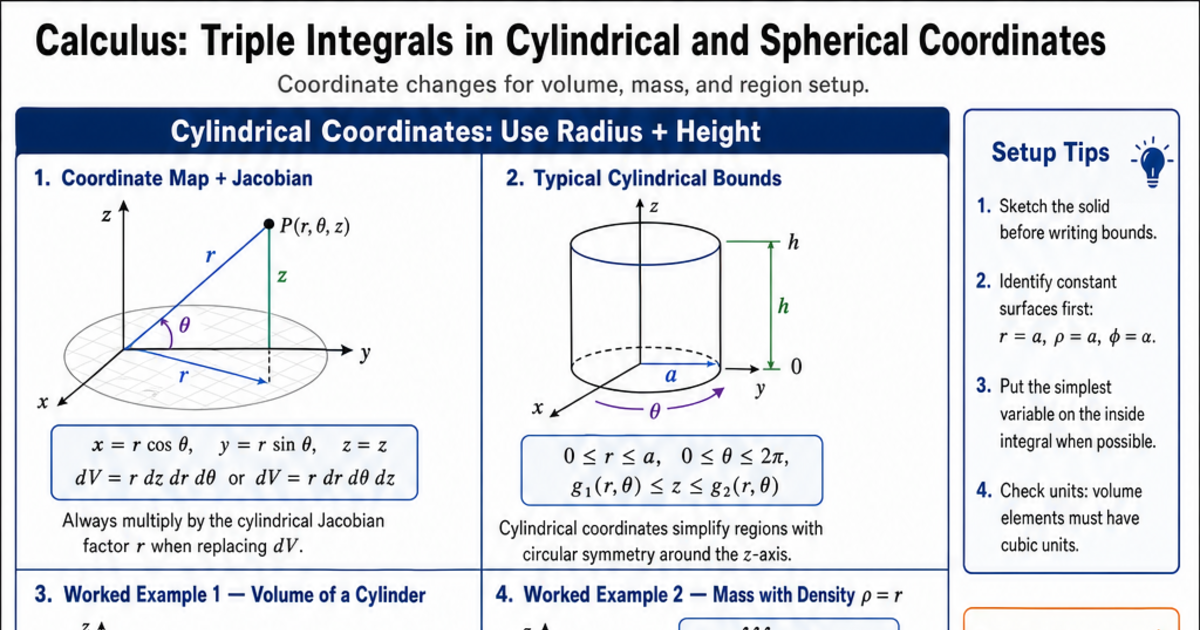 Triple Integrals in Cylindrical and Spherical Coordinates Cheat Sheet ...