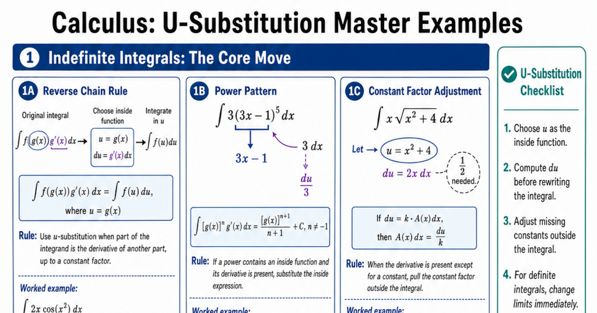 U-Substitution Master Examples Cheat Sheet | LivePhysics™