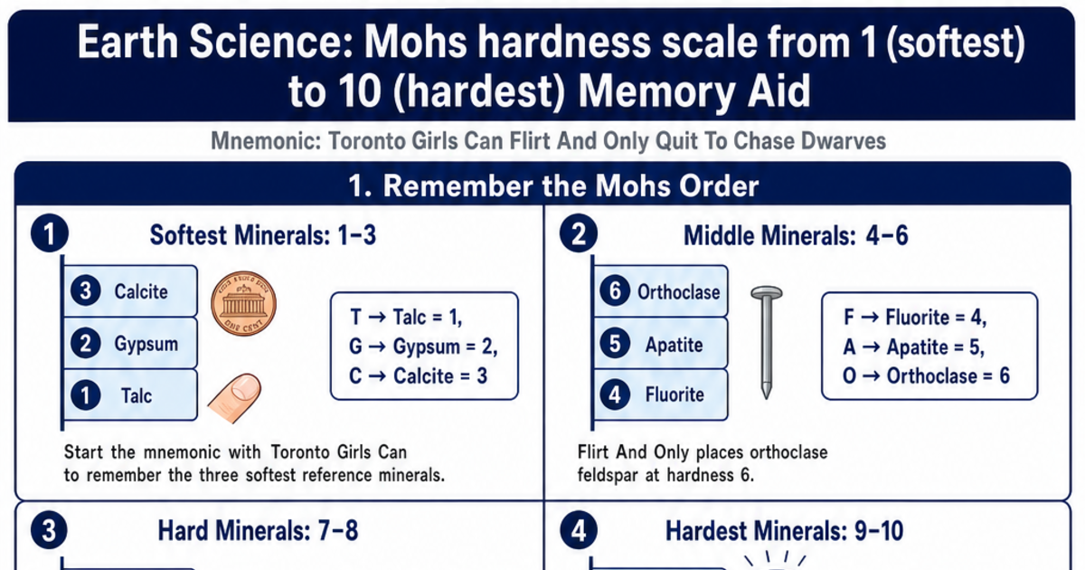 Mohs hardness scale from 1 (softest) to 10 (hardest) Memory Aid Cheat ...