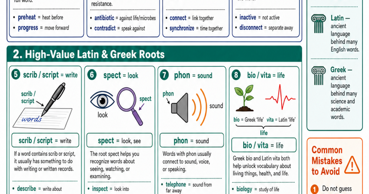 Latin & Greek Roots for English Vocabulary Cheat Sheet | LivePhysics™