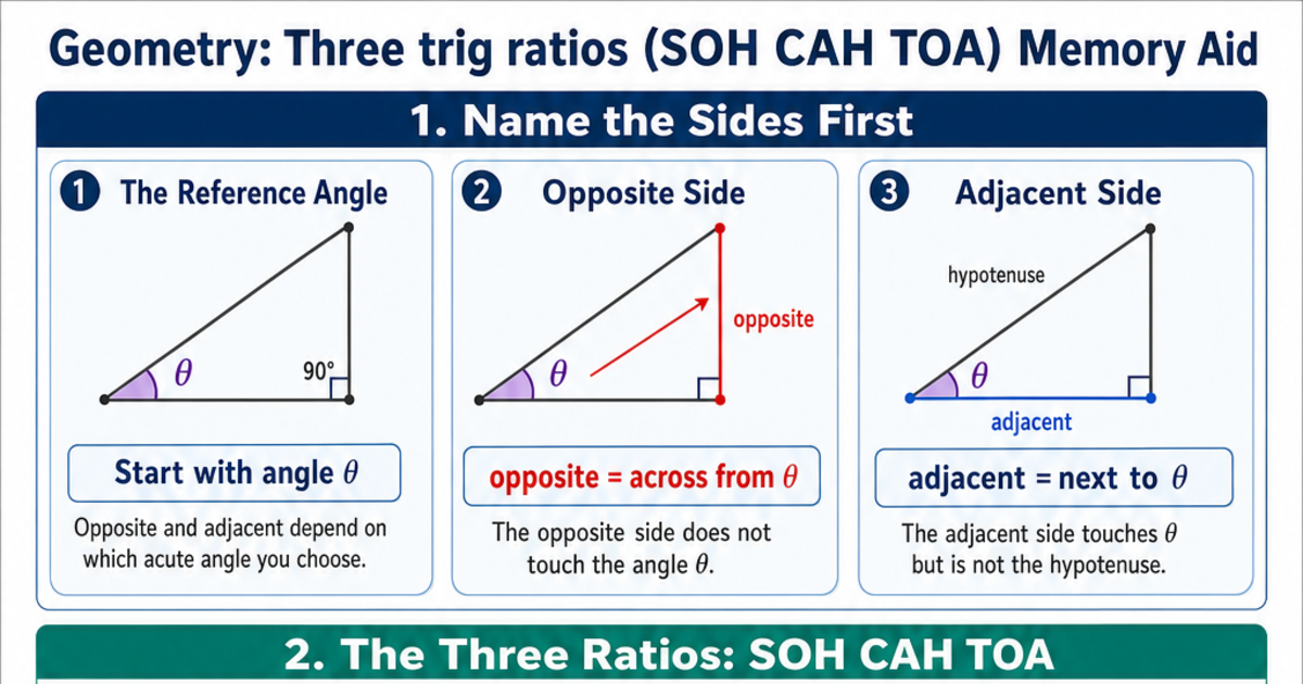 Three trig ratios (SOH CAH TOA) Memory Aid Cheat Sheet | LivePhysics™