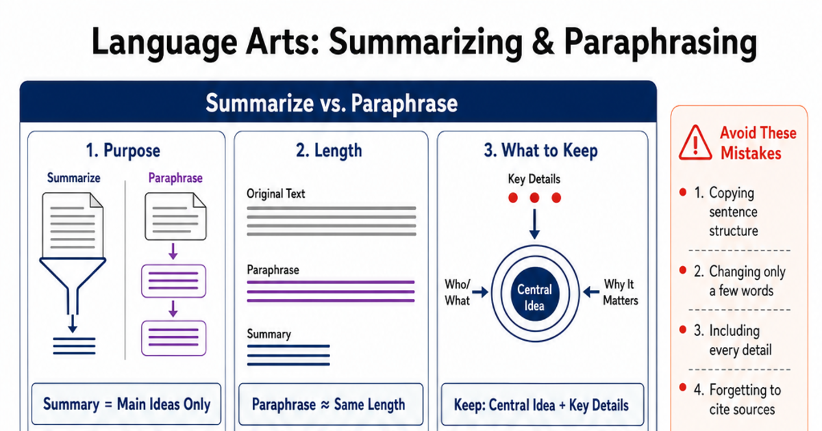 Summarizing & Paraphrasing Cheat Sheet | LivePhysics™