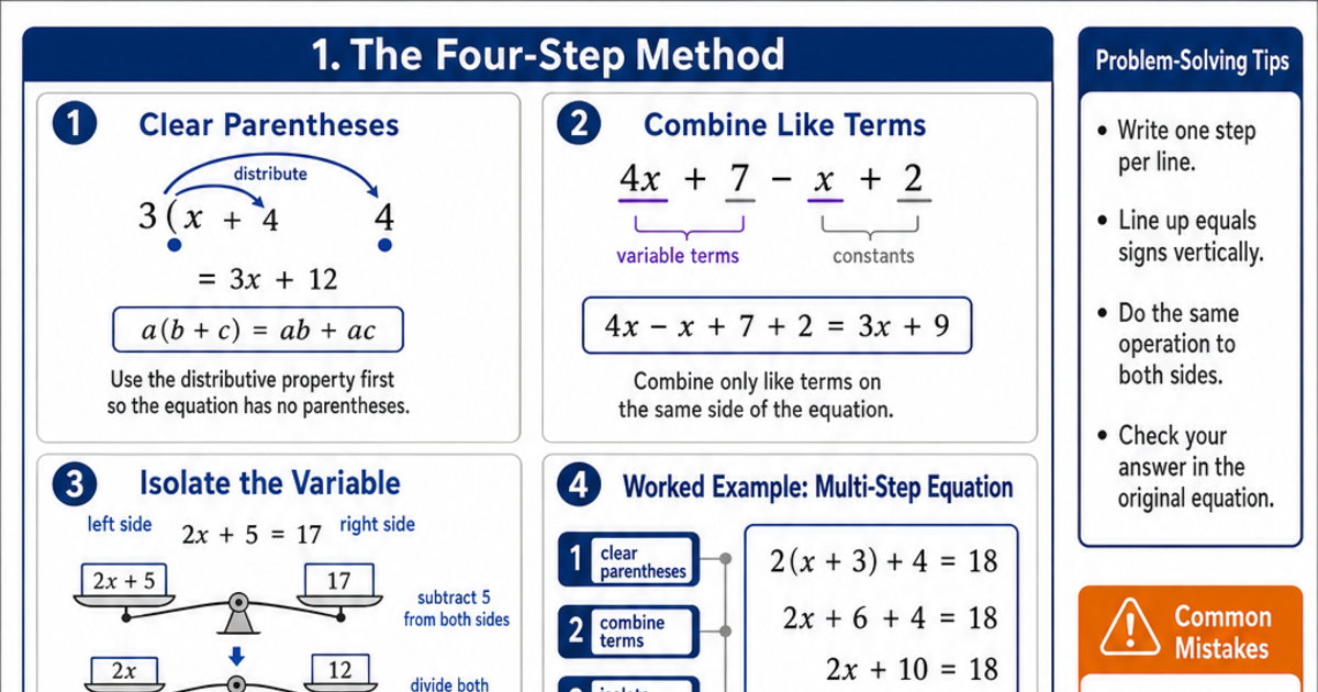 Solving Multi-Step Equations Reference Cheat Sheet | LivePhysics™