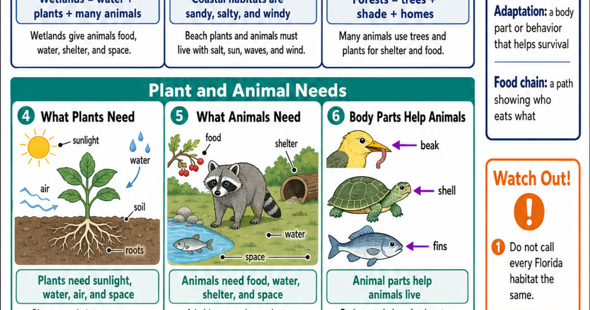 Florida Plants Animals and Habitats Grade 2 Visual Cheat Sheet ...