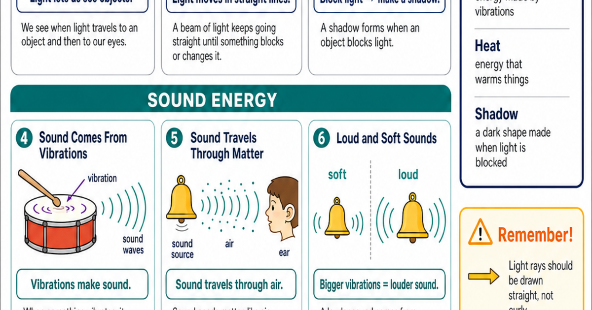 Light Sound and Heat Energy Grade 2 Visual Cheat Sheet | LivePhysics™
