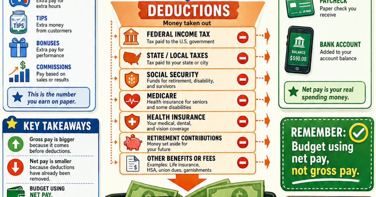 Financial Literacy: Gross Pay vs Net Pay Infographic | LivePhysics™