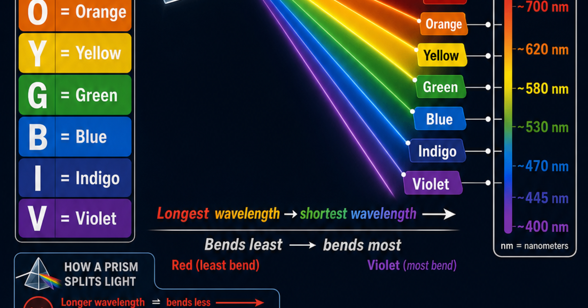 Physics: Order of the visible spectrum from longest to shortest ...