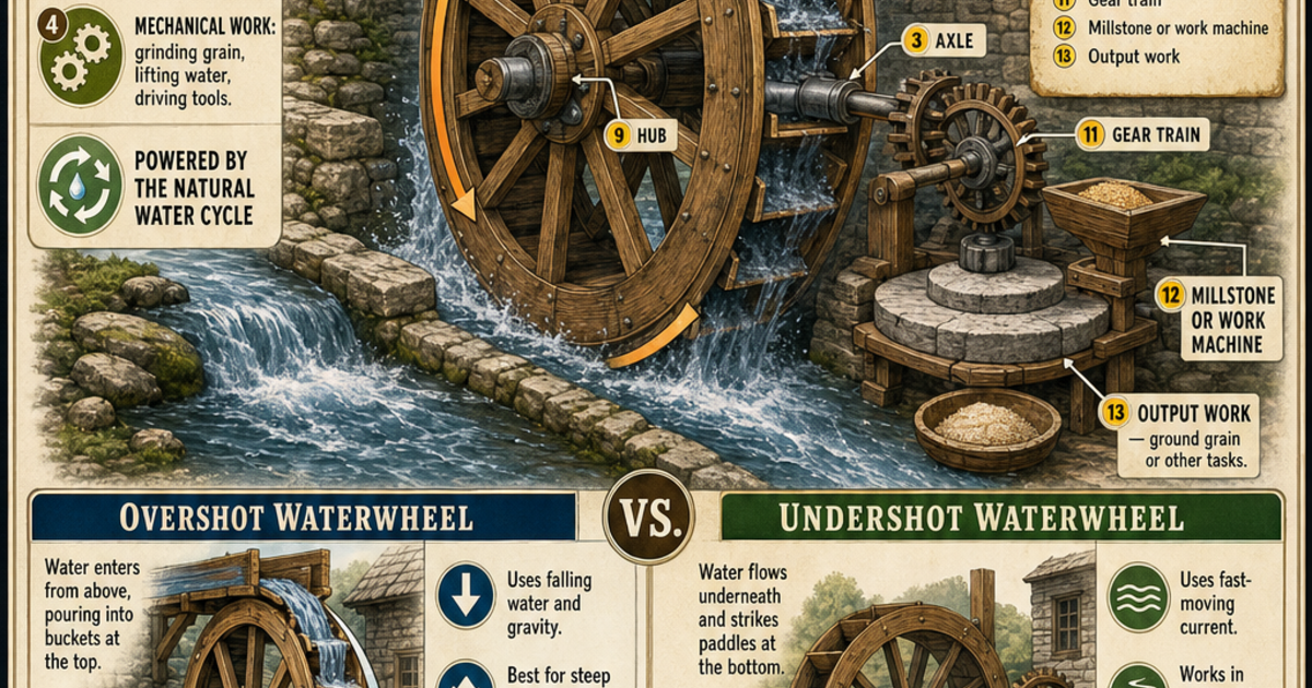 Renewable Energy Machines: The Waterwheel Infographic | LivePhysics™