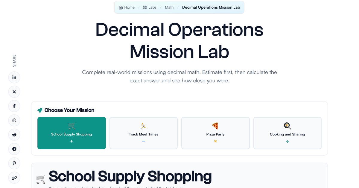 Decimal Operations Mission Lab - Add, Subtract, Multiply, Divide ...
